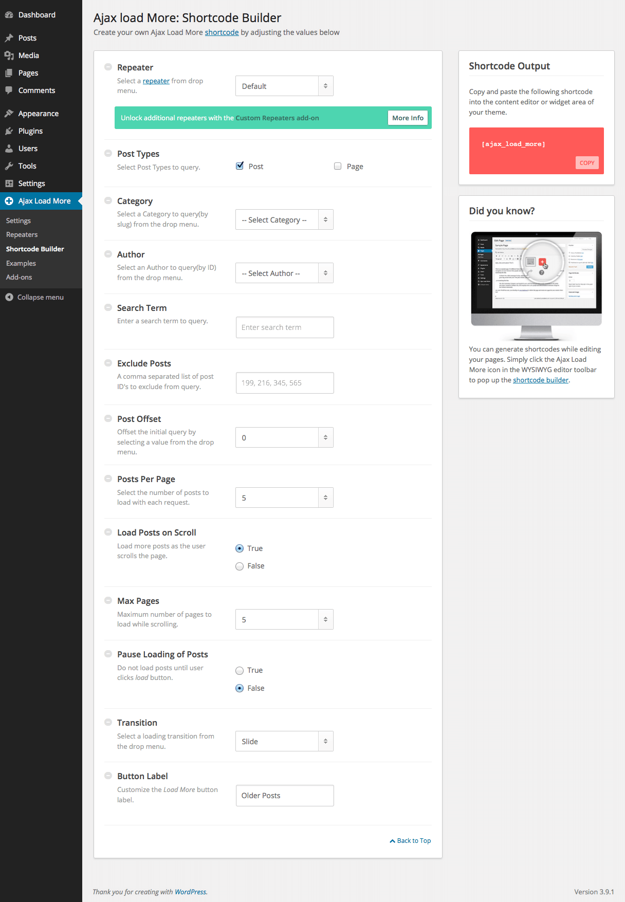 Shortcode Builder Docs Ajax Load More 1167